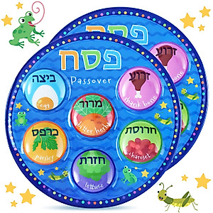 2 Vibrant Colored Childrens Disposable Passover Seder Plates 10" Quality Hard Plastic Colorful Pesach Seder Plate for Kids Marked with Traditional Seder Foods Specialty Tray Dishware by Zion Judaica