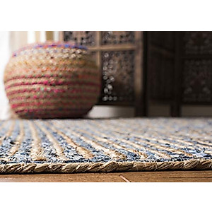SAFAVIEH Cape Cod Collection 3' x 5' Natural / Blue CAP250A Handmade Flatweave Jute Area Rug