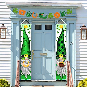 St Patricks Day Decorations Outdoor, 3 Pack Green Gnomes Welcome Banners Porch Signs with Glitter Garland Banner, Irish Shamrock Saint Patrick's Day Décor for The Home Party Door Tree Classroom Office