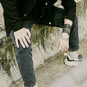 Eigso Punk Leather Cuff Bracelets for Men Women 80s Retro Hematite Rock Spikes Metal Cuff Wristband Set Adjustable for Man Woman