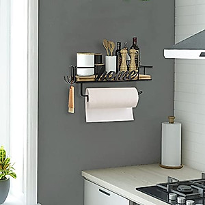 Paper Towel Holder with Shelf, Wall Mounted Paper Towel Roll Rack Basket for Kitchen, Paper Towel Holder Under Cabinet, Paper Towel Holder Wall Mounted with Storage Shelf and Hooks