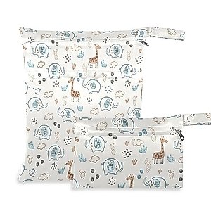 SDMKA 2Pcs Wet Dry Bag for Baby Cloth Diapers Cute Elephants Reusable Waterproof Wet Bag with Two Zippered Pockets for Travel Beach Pool