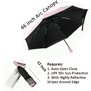BAODINI Inverted UV Protection Umbrella for Rain and Sun Medium Size 46 inch arc Canopy UPF 50+ Rverse Compact Umbrella Auto Open Close for Travel