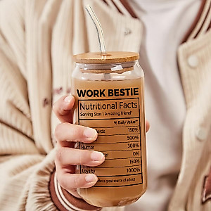 Work Bestie Nutritional Facts Glass Can with Lids And Straw- Work Bestie Definition Friendship, Funny Gift for Friend, Colleagues, Thank You Gift For Coworkers, Birthday Christmas Gifts, Iced Cup 16oz