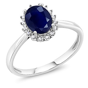Gem Stone King 10K White Gold Blue Sapphire and Diamond Halo Engagement Ring For Women (1.85 Cttw, Oval 8X6MM, Size 7)