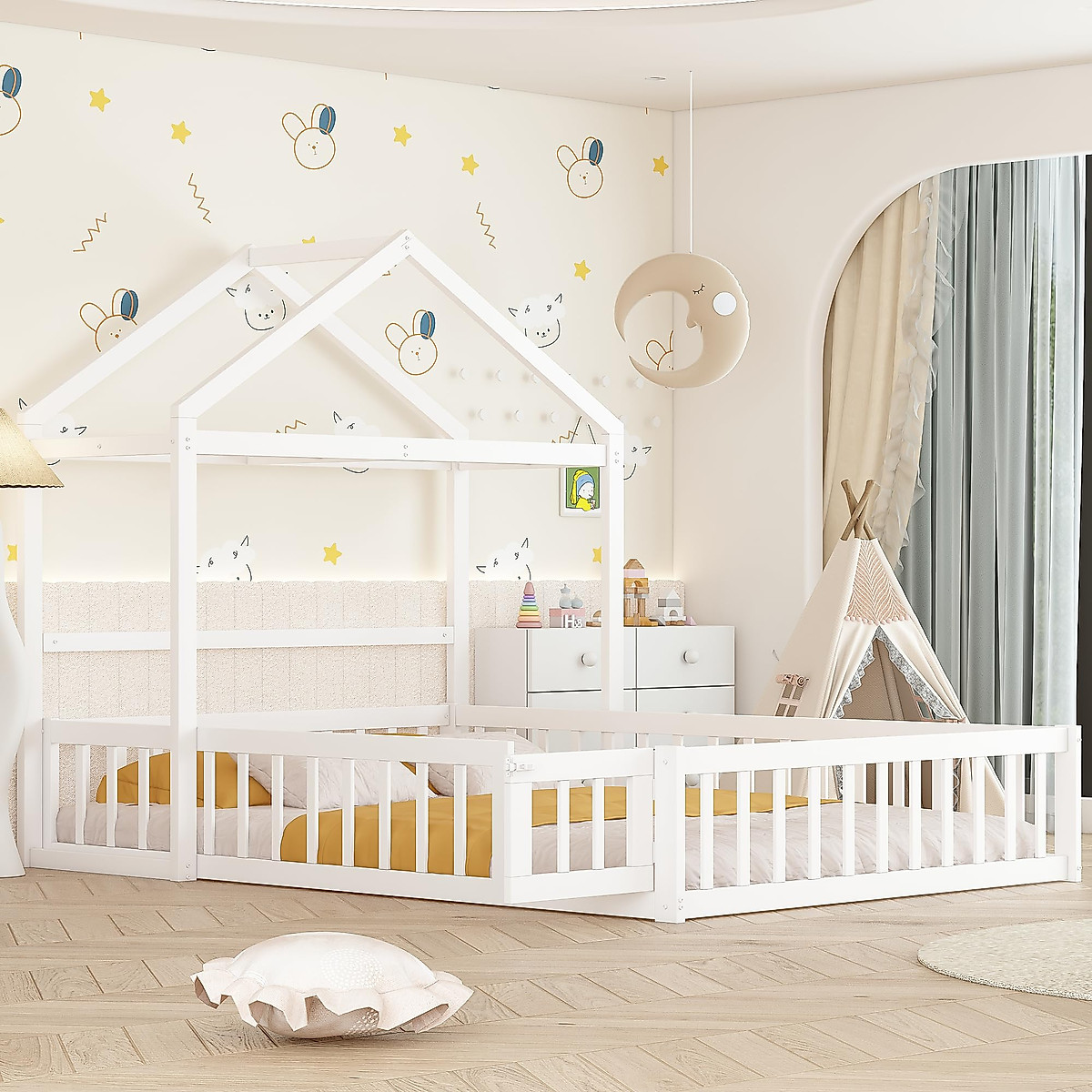 Merax Full Size Montessori Floor Bed with Fence and Door for Children Girls Boys, Wood Bed Frame with Full-Length Guardrails and Detachable House-Shaped Headboard,No Weight Limit, Kids Playroom, White