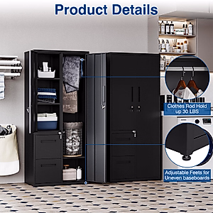 PEUKC Metal Storage Cabinets with Locking Doors, 67" Freestanding Clothing Coat Storage Wardrobe Lockers for Office, Home, School, Garage, Gym (Black)