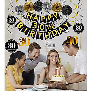 Famoby Black & Gold Glittery Happy 30th Birthday Banner,Poms,Sparkling 30 Hanging Swirls Kit for 30th Birthday Party 30th Anniversary Decorations Supplies