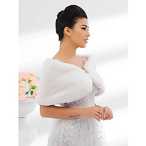 JAKAWIN Women’s Faux Rabbit Fur Wraps and Shawls Bride Wedding Fur Stole Bridal Fur Shrug for Women (S-M,White)