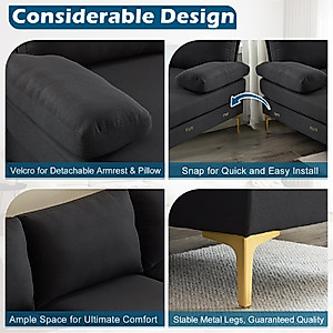 VINGLI 110" Modern U Shaped Sectional Couch with 51"D Double Chaise for Living Room, Black Deep Seat Sectional Sofa Sets with 5.9" Thickness Seating Padding for Home Furniture,Linen Fabric,Metal Legs