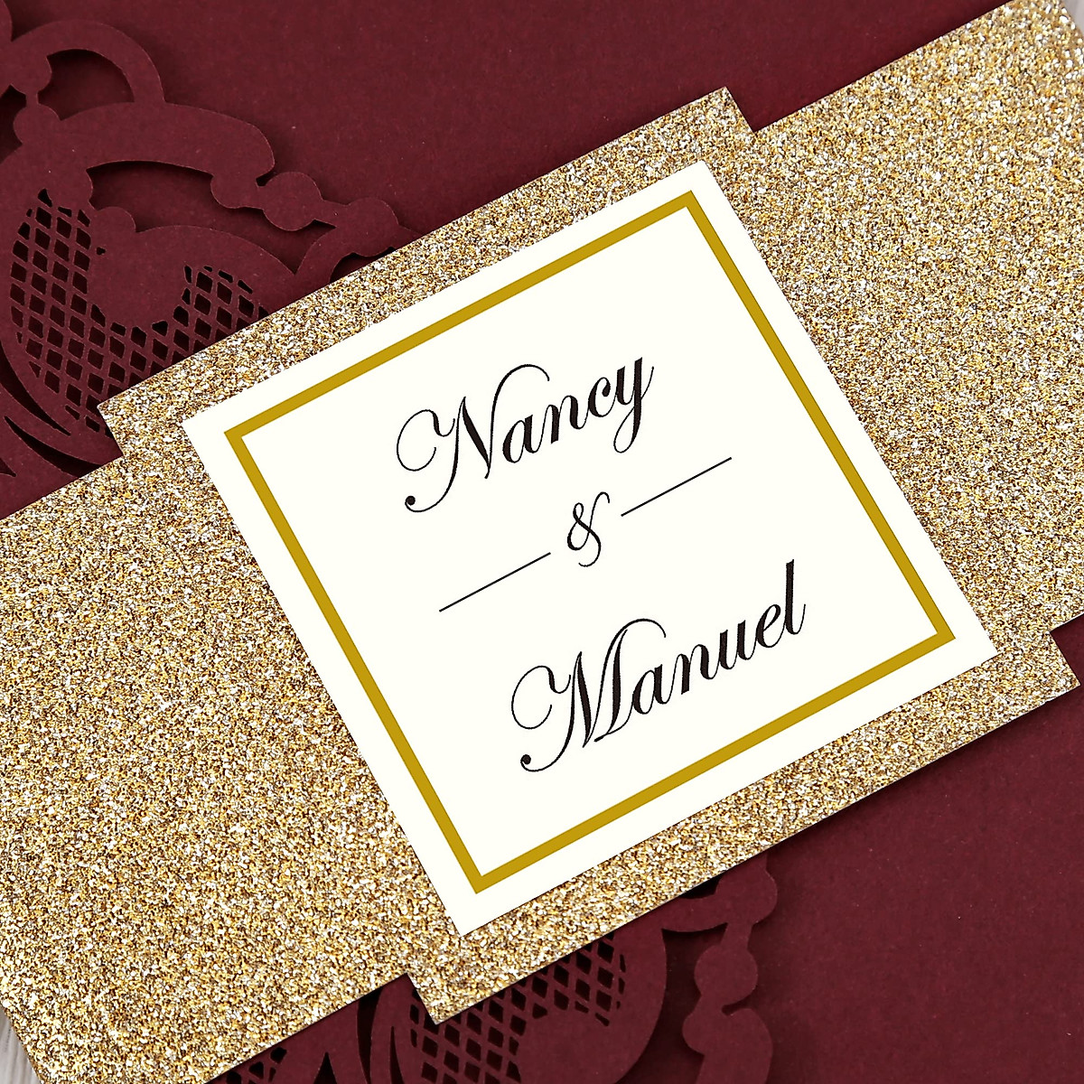 DORIS HOME 50PCS Laser Cut Wedding Invitations with Envelopes and RSVP Cards BLANK Inner With Gold Glitter Belly Band for Wedding Engagement Bridal Shower Party Invite 4.7x7 Inch Burgundy
