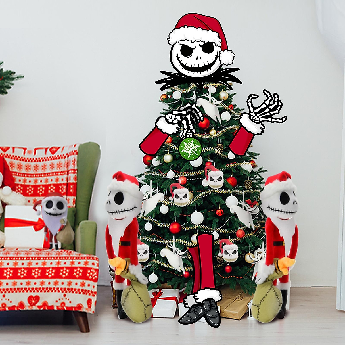 Auirre Jack Skellington Christmas Tree Topper Head Arms and Legs, Xmas Spooky Skull Decorative Tree Ornaments Decor, Funny Holiday Indoor Home Decorations Gothic Themed Party Supplies