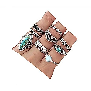 Cathercing 9 Pcs Turquoise Ring Set for Women Knuckle Vintage Rings Pack for Women Bohemian Rings Silver Joint Knot Rings Set Halloween Party Daily Gift (style 3)