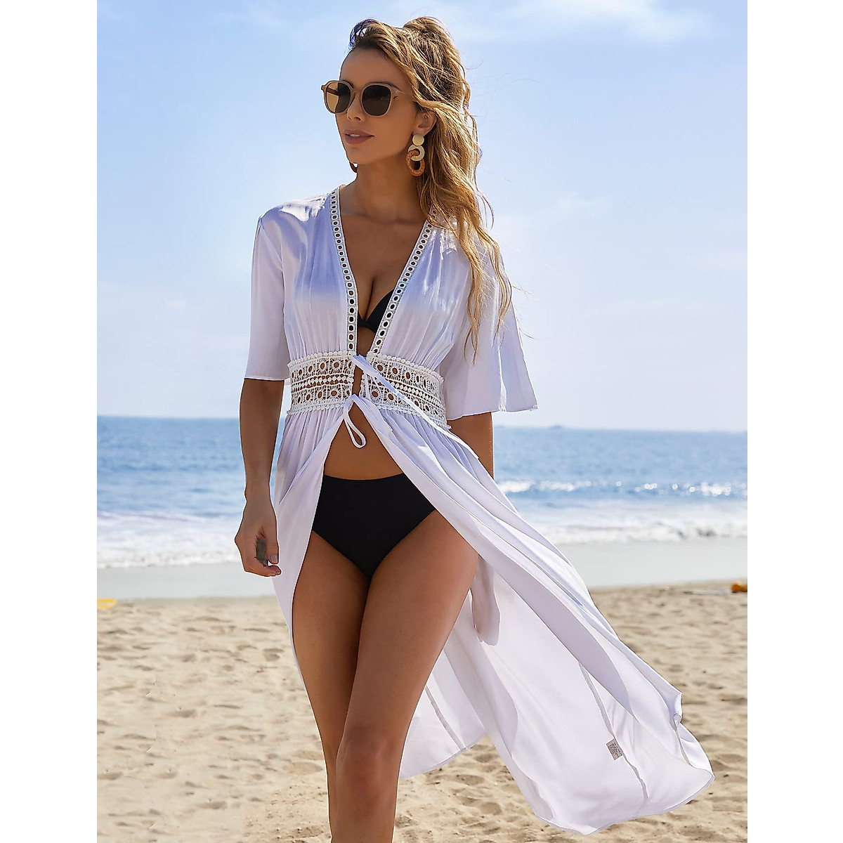 Ekouaer Women's Swimwear Cover Ups Sexy Open Front Beach Bikini Swimsuit Kimono Cardigan Cover Up Long Flowy Beachwear White