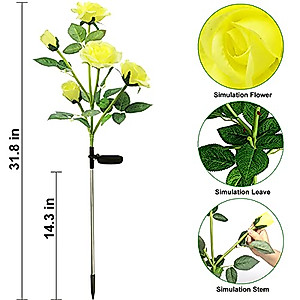 JORETLE Outdoor Solar Flower Lights Solar Rose Lights Solar Lights Outdoor Decorative with 5 Rose Flowers Suitable for Garden, Courtyard, Backyard Decoration, Waterproof （Yellow）