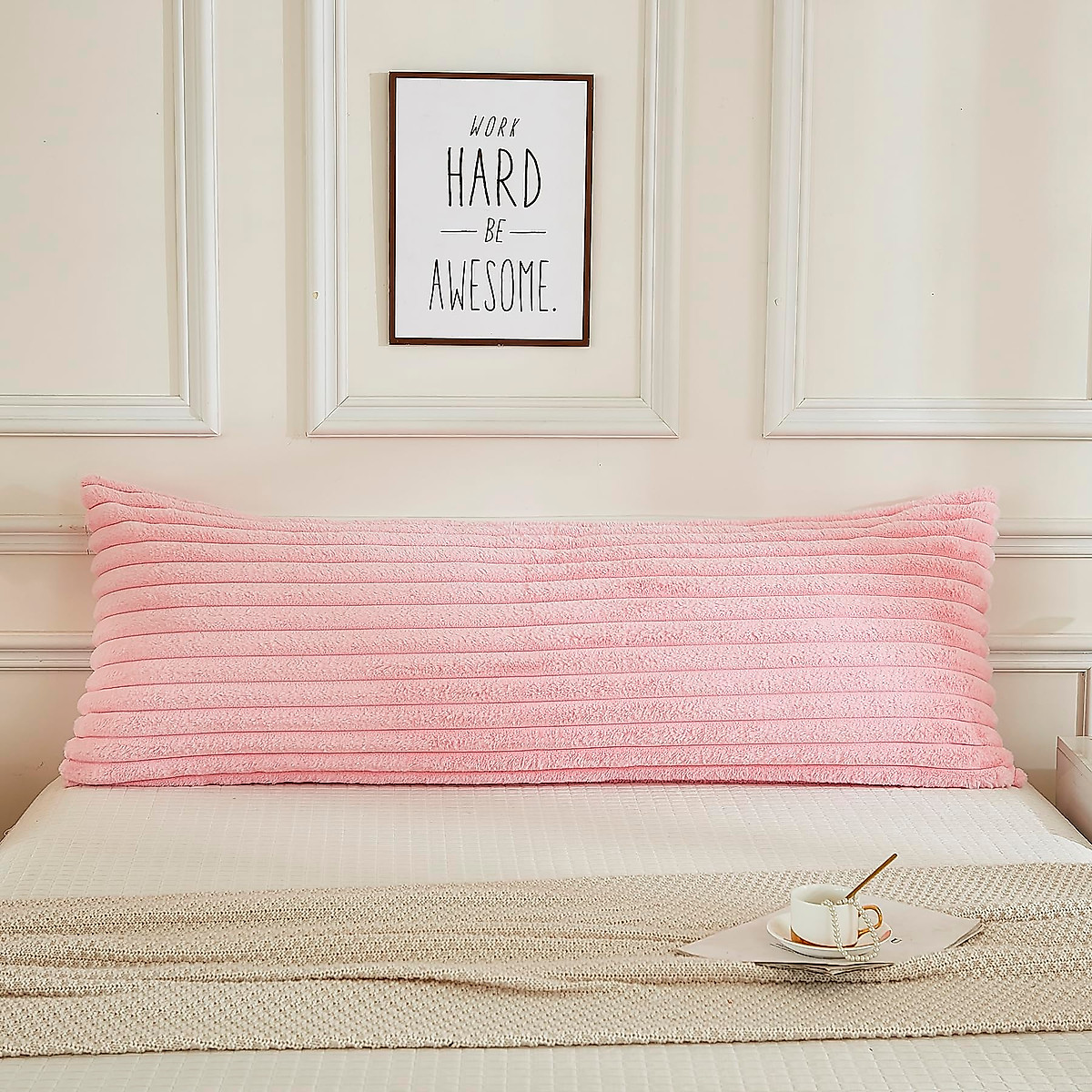 JAUXIO Faux Fur Fluffy Body Pillow Cover Luxury Striped Plush Decorative Body Pillowcase, Ultra Soft and Cozy Zipper Closure 21 x 54 Inches, Pink