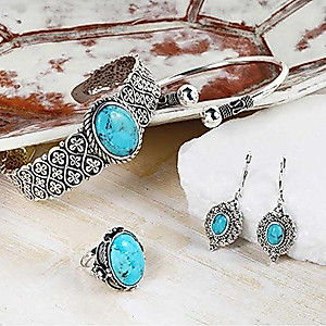 Western Style Oval Filigree Gemstone Blue Turquoise Lever Back Dangle Drop Earrings For Women Oxidized .925 Sterling Silver