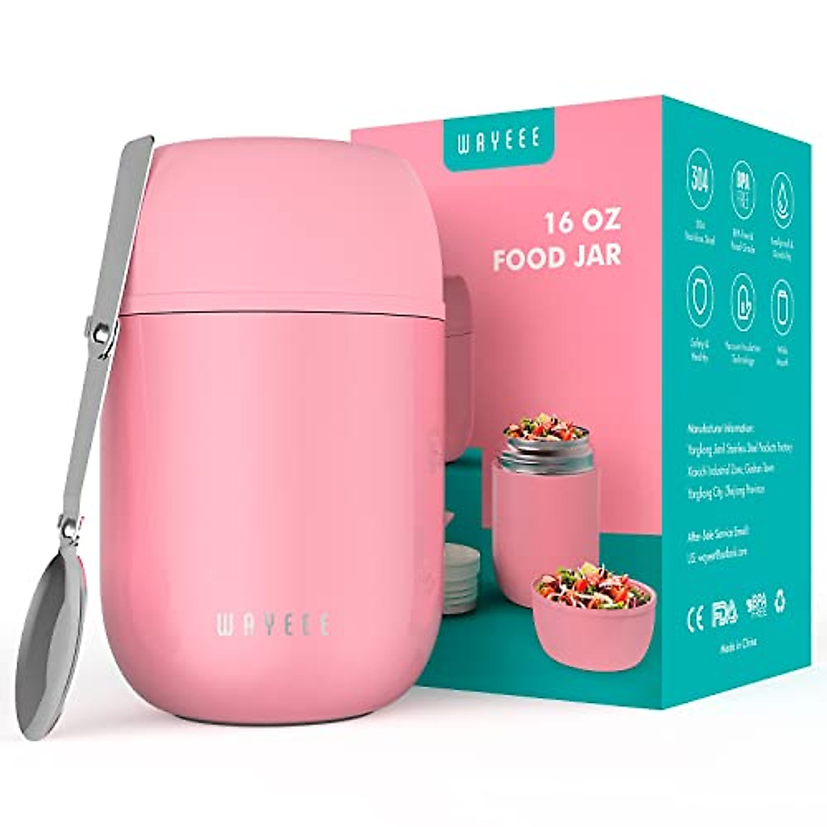 Insulated Food Jar WayEee Vacuum Bento Box Lunch Containers 16 oz for Kids Adults, Stainless Steel Leak Proof Wide Mouth Food Soup Thermos with Spoon Keeps Food Hot Cold for School Travel Picnic -Pink