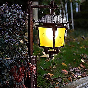 ZZYJYALG Coffee Gold Yellow Glass Lampshade E27 Antique Street Lamp IP55 Waterproof Garden Pole Post Lantern Light Landscape Home Patio Path Lighting Pillar Floor Lamp