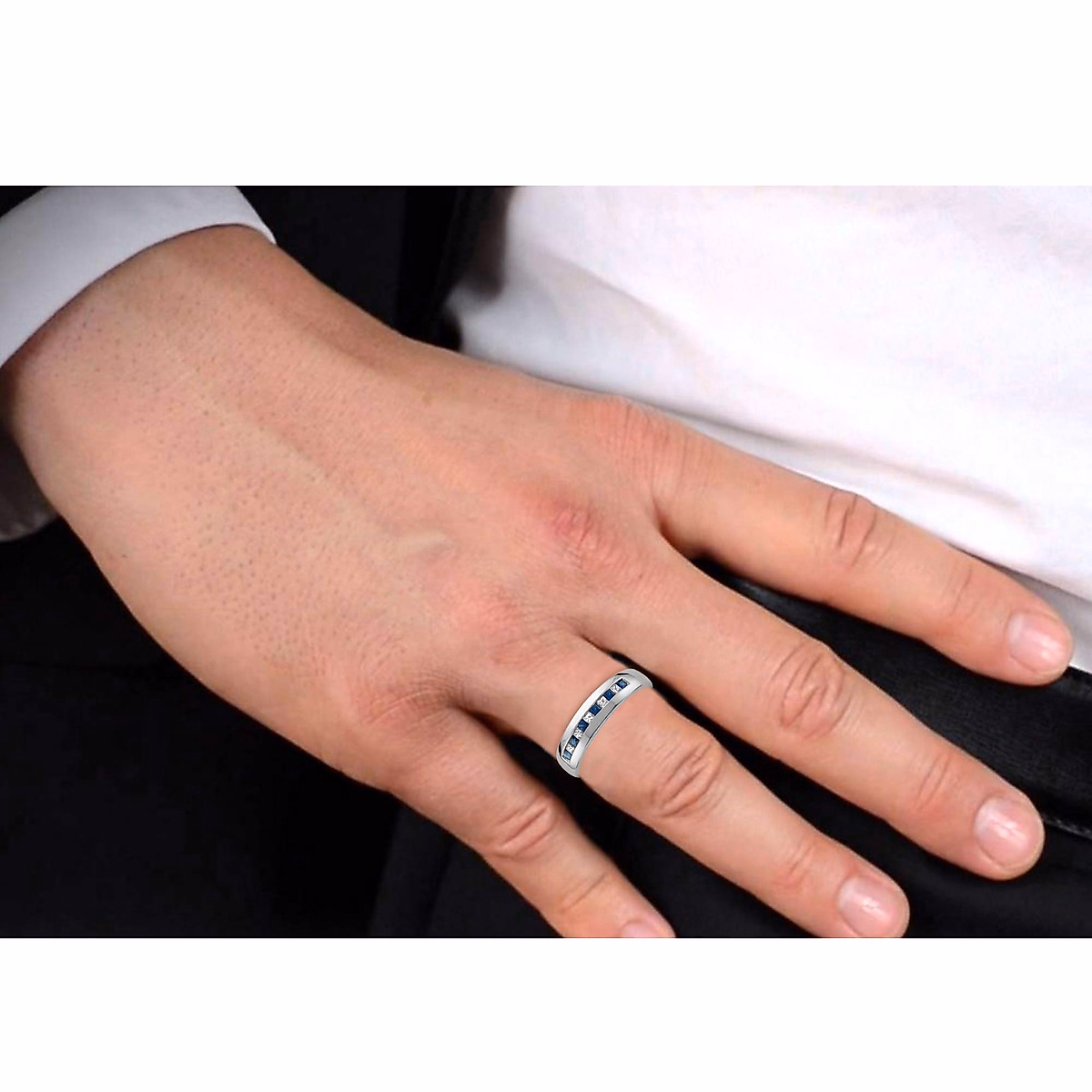 Beyond Brilliance 1/2 Carat Diamond, Channel Set 14K White Gold Princess Cut Diamond & Blue Sapphire Wedding Band Finger Ring for Men (I-J, I1-I2) Natural Diamond Fine Jewelry | Gift Box Included Size-11.5