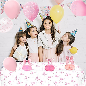 3 Pack Coquette Pink Bow Tablecloth Coquette Birthday Decorations Plastic Pink Bow Theme Party Table Cover for Girl Birthday Bachelorette Bridal Engagement Wedding Sweet Baby Shower Party Supplies