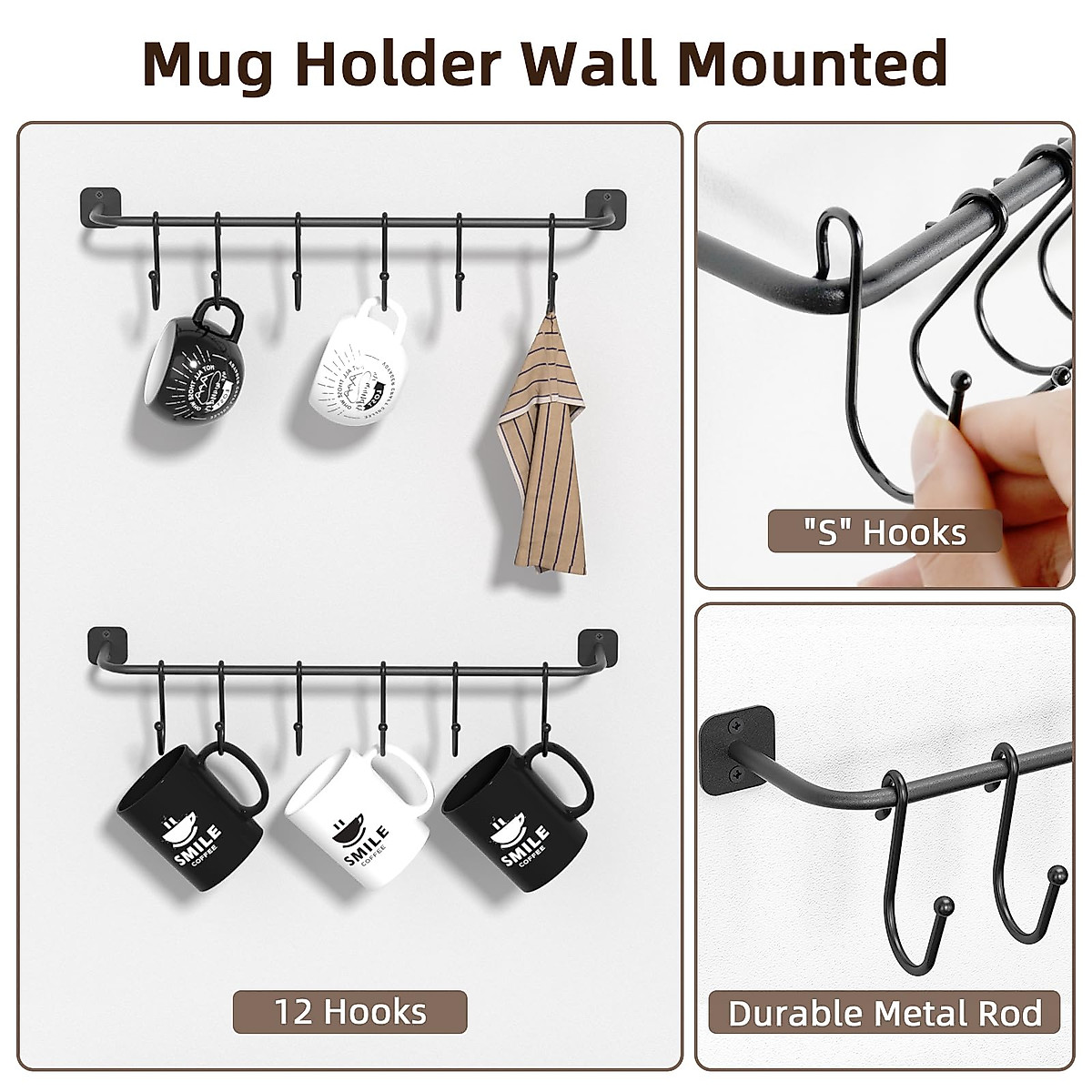 Coffee Cup Holder with 12 Mug Hooks, Mug Racks Wall Mounted 2 Pack, Coffee Mug Organizer Floating, Mug Shelf for Wall, Coffee Cup Display Hanger Pods Holder, Coffee Bar Accessories for Kitchen Black