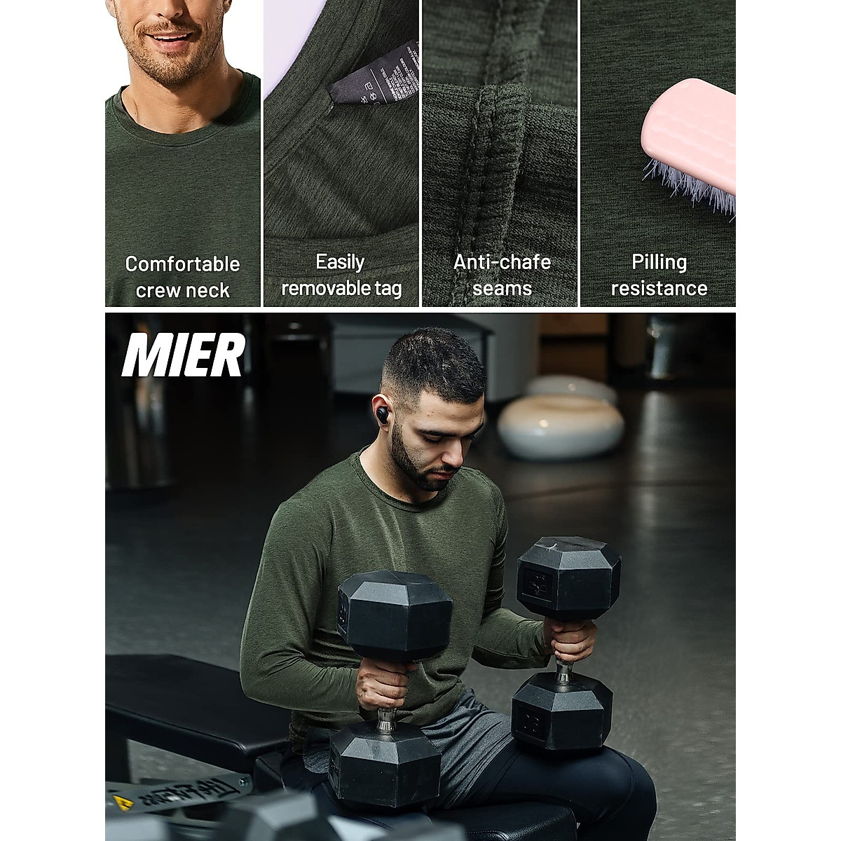 MIER X-Sofort Men's Long Sleeve Tee Shirts for Workout, Running, Gym, Athletic Buttery Soft Crew Neck Lightweight Dry Fit T-Shirts, Dark Green Heather, M