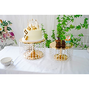 LANLONG Cake Stand for Dessert Table 12 Inch Gold Crystal Pendants Metal Cake Stand Serves as A Round Dessert Cupcake Display Plate for Table, Wedding, Party, Event