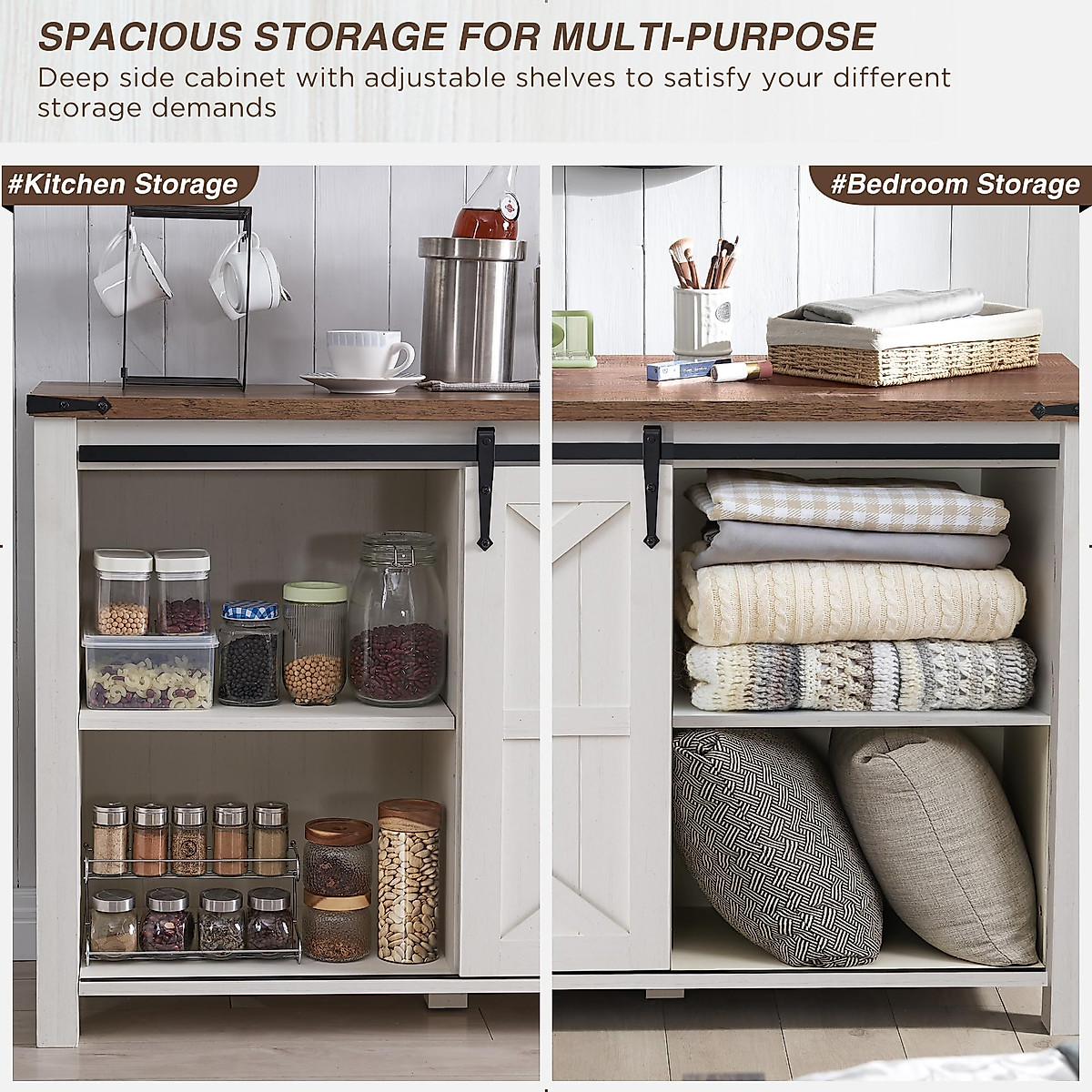 T4TREAM Farmhouse Sideboard Buffet Cabinet with Storage, 60" Large Kitchen Cabinet w/Sliding Barn Doors and 4 Drawers, 31.2'' Tall Wood Coffee Bar Table for Dining Room, Antique White