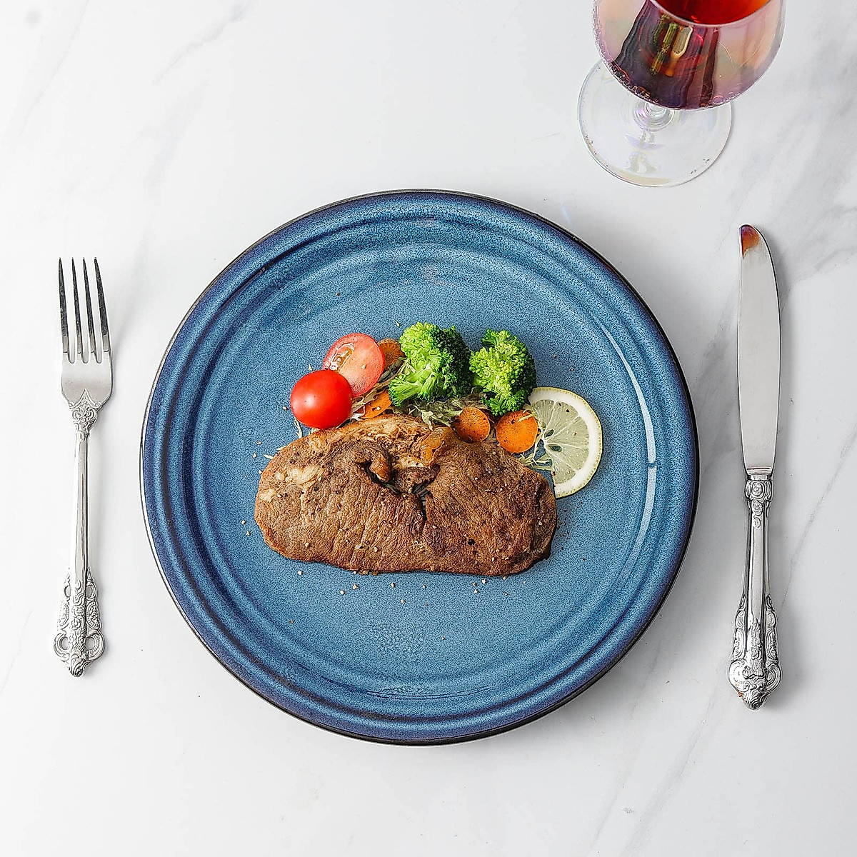 Hasense Ceramic Dinner Plates Set of 4,10 Inch Large Porcelain Pasta and Salad Plates,Blue Stoneware Plate Set Microwave,Oven,and Dishwasher Safe