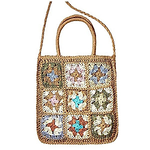 QTKJ Straw Bag, Summer Beach Bag, Hand-Woven Women Hand Bag, Jiugongge Flower Style Retro Rattan Bag Shoulder Bag Crossbody Bag（Khaki）