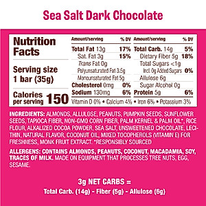 Munk Pack Nut & Seed Bar Sea Salt Dark Chocolate - 1g Sugar, Low Carb & Keto, 5g Protein - Gluten Free, Plant Based, Zero Added Sugar - Sweet & Salty Breakfast & Snack Bars, 24 Count
