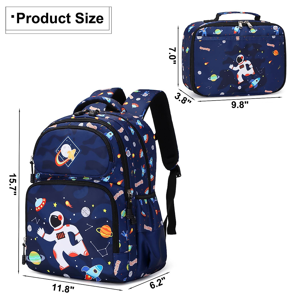 Kids Backpack for Boys Elementary School Backpack with Lunch Bag 2 in 1 Set School Bag for Boys Water Resistant Astronaut Space Backpack