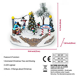 innodept12 Winter LED-Lighted Christmas Village Scene, Illuminated & Animated Lighted Musical Christmas Village with Center Tree and Moving Ice Skating Rink Decoration, Battery Operated