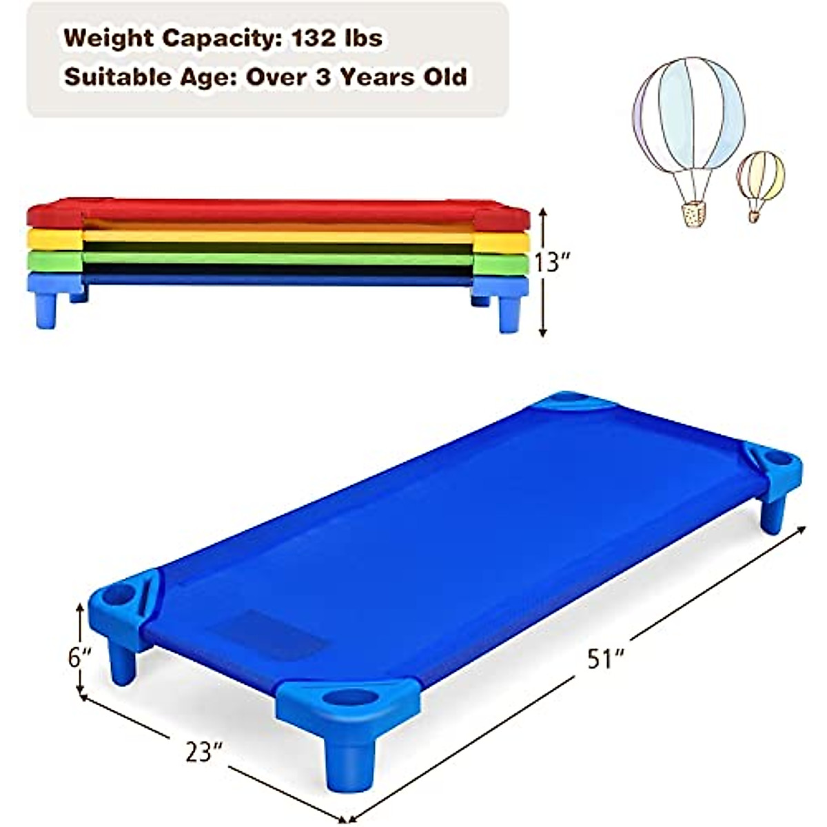 Fireflowery Toddler Daycare Cots, Children's Stackable Cots w/ Easy Lift Corners, Portable Rest Cot Bedding for Preschool Naptime, Kids Stackable Cot