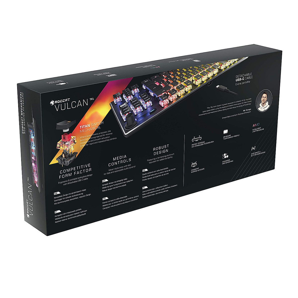 Roccat Vulcan TKL (UK Layout) Mechanical PC Gaming Keyboard, Tenkeyless, Linear Titan Switch, Per-Key AIMO RGB Lighting, Anodized Aluminum Top Plate and Detachable USB-C Cable, Black