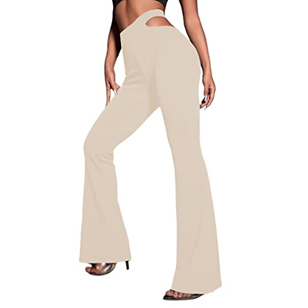 Avanova Women's Cutout High Waist Flare Leg Sexy Party Bootcut Long Pants Beige 05 X-Large