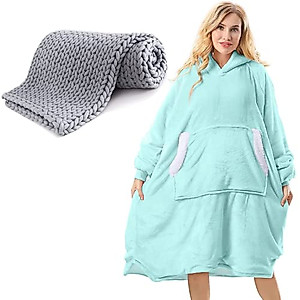 Uttermara Knit Weighted Blanket 15 Pounds 48x72 Inches, Weighted Blankets Knitted, Grey + Blanket Hoodie Women and Men with Giant Front Pocket Elastic Sleeve, Teal