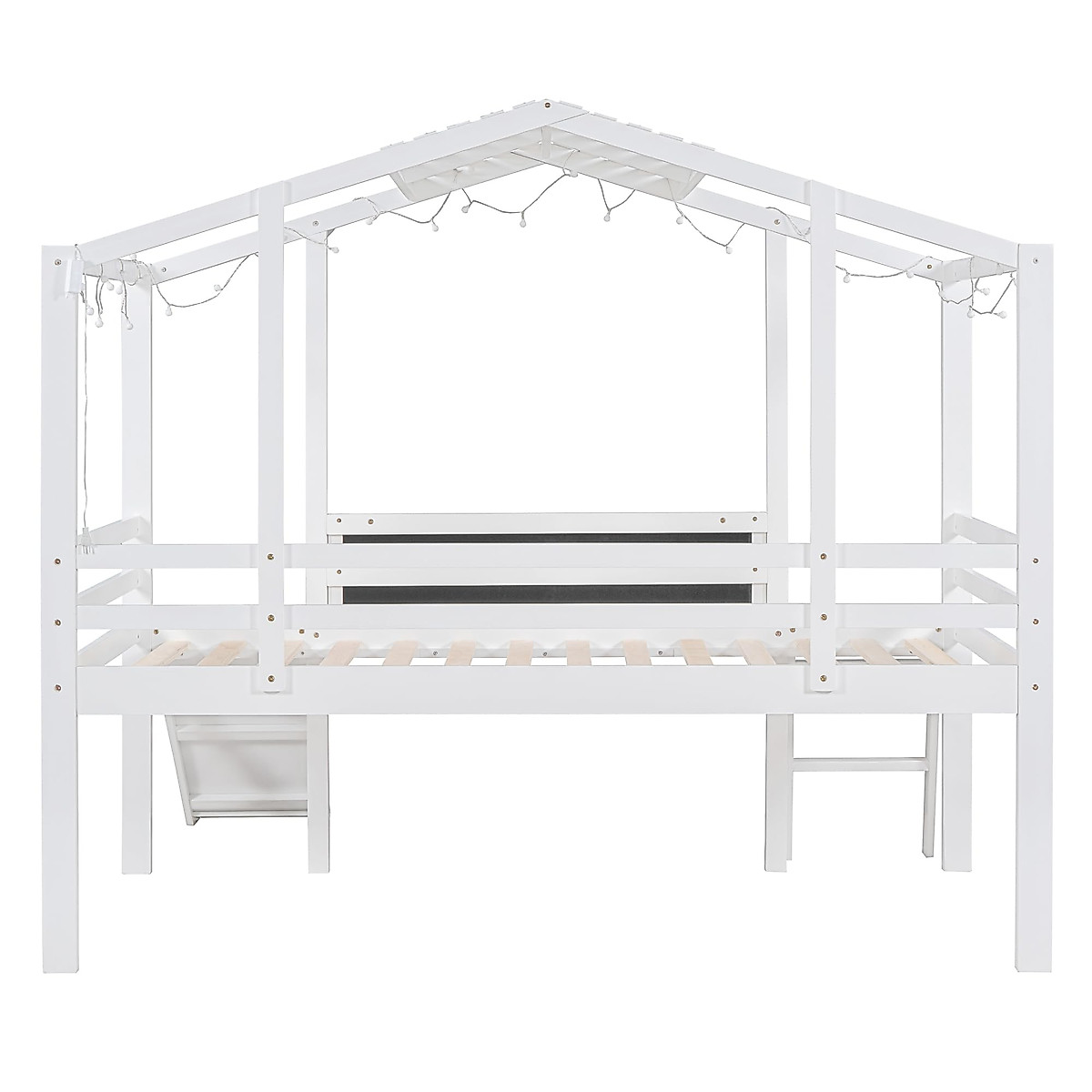 Merax Twin Loft Bed with Slide for Boys & Girls, Wood House Style with Blackboard & Light Strip, White