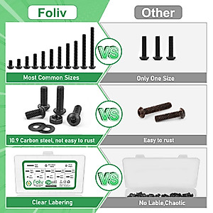 FOLIV 700PCS M3 x 5/6/8/10/12/14/16/18/20/25/30mm Button Hex Head Cap Screws M3 Metric Machine Screws Bolts Nuts Washer Assortment Kit, 10.9 Grade Alloy Steel