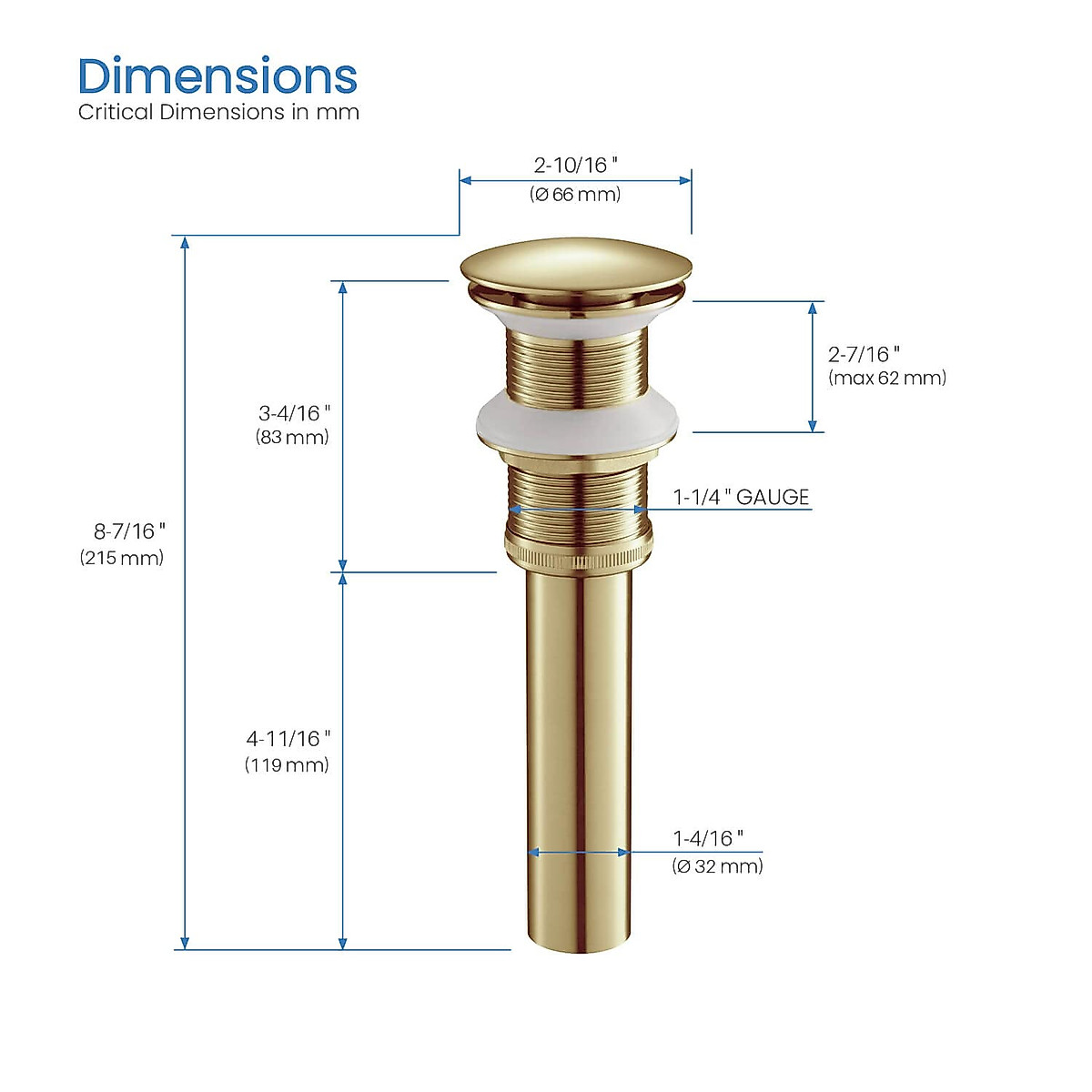 KIBI Bathroom Sink Pop Up Drain Without Overflow (Full Cover) | Lavatory Vanity Drain Stopper (Brushed Gold) (KPW103)