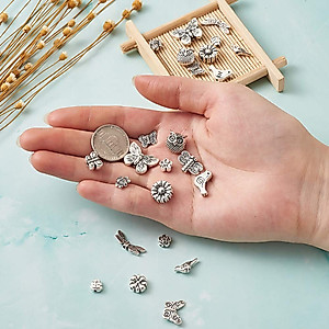 Cheriswelry 150pcs 15styles Tibetan Silver Butterfly Flower Beads Spacer Antique Silver Dragonfly Insect Bird Bee Beads Charms Loose Beads for Women Rosary Jewelry Making Supplies
