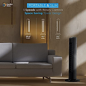 Comfort Zone 29" Powerful 3-Speed Oscillating Slim Tower Fan with Performance Blades and Sturdy Base, Ideal for Home, Bedroom, Dorm & Office, CZTF290BK