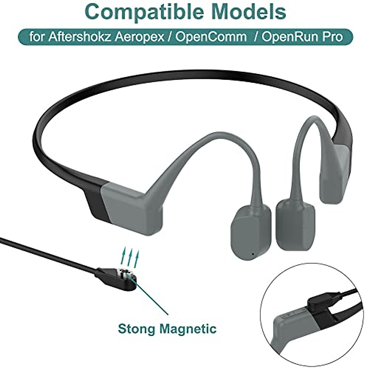 Kissmart Charger for AfterShokz Aeropex, Shokz OpenRun Mini, OpenRun Pro, OpenRun, OpenComm, Replacement Charging Cable Cord for AfterShokz Headphones [3.3ft/1m]