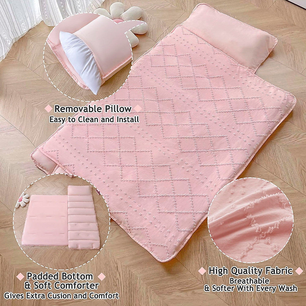 Tufted Toddler Nap Mats for Preschool Daycare Girls Pink Jacquard Tufts Kids Sleeping Mats Toddler Slumber Bag Nap Pad with Removable Pillow for Girls Boys Kindergarten Sleepovers Travel and Camping