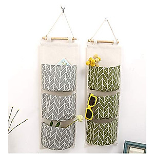 Votono Hanging Storage Bag Wall Mounted 3-Bag Door Organizer Linen Cotton Fabric 2 Pack for Room and Bathroom (2 Pack Green)
