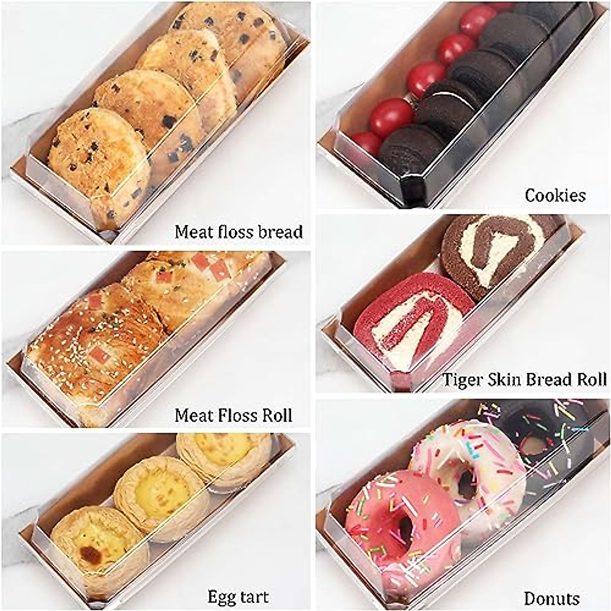 60 Pack Paper Charcuterie Boxes with Clear Secure Lids, 7.5 Inches Brown Bakery Boxes with 2 Rolls of Ribbon, Long Disposable Food Containers Treat Boxes for Macaroon, Cookies, Strawberry Dessert