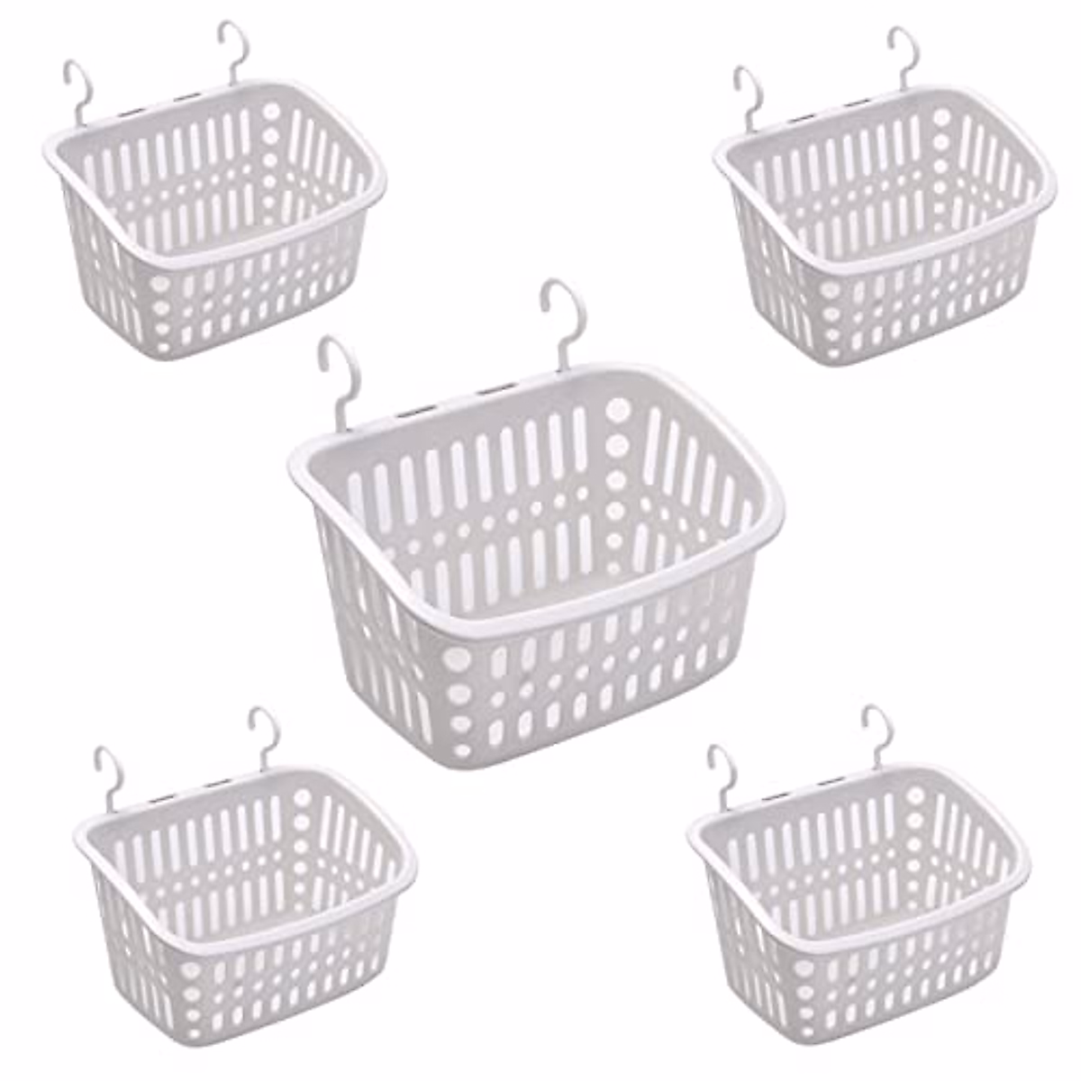 Doitxue 5PCS Plastic Hanging Baskets for Shower, Hanging Basket Organizer with Hooks, Rectangle 10.6Inches Small Hanging Storage Basket (Grey)