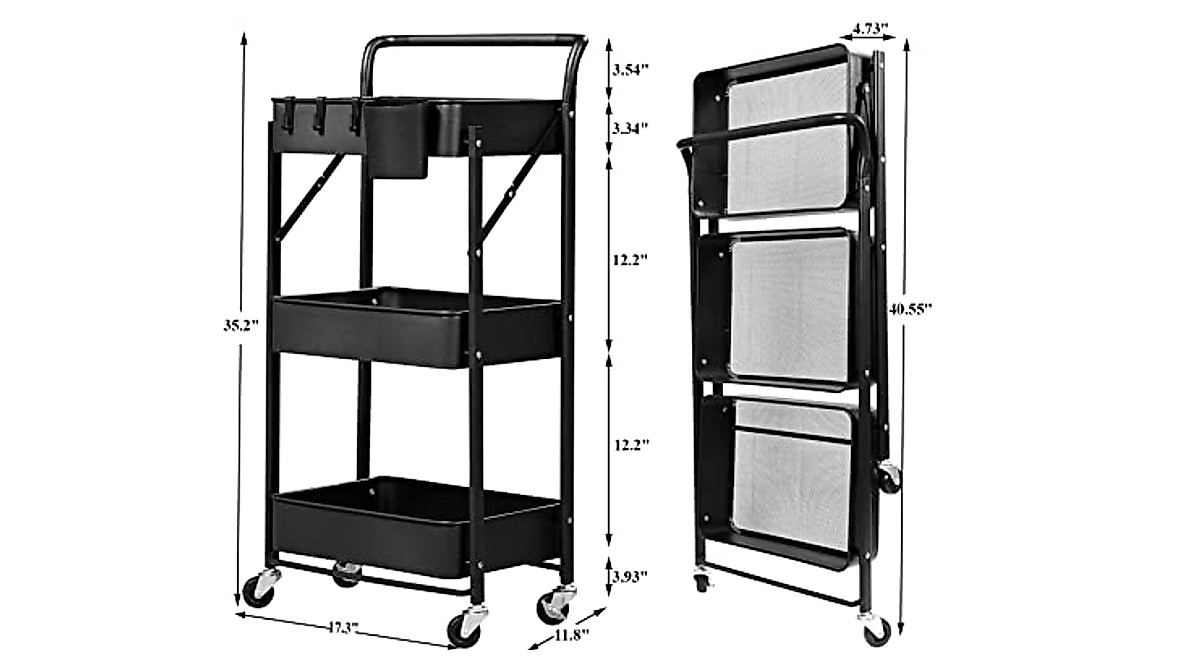 Space Saving 3-Tier Foldable Rolling Storage Utility Cart