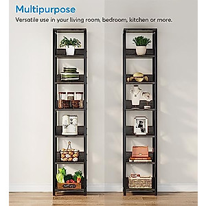 LITTLE TREE 75 Inches Tall Narrow Bookshelf, 6 Tiers Skinny Open Bookcase with Heavy Duty Metal Frame, Storage Display Shelves Rack for Living Room, Bedroom, Grey